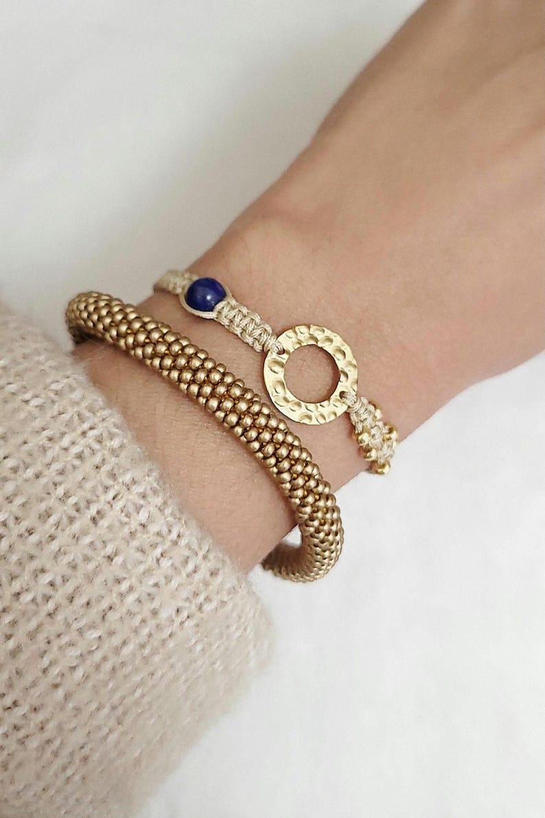 Set of Matte Gold Crochet and Macramé Bracelets – Featuring a Hammered ...