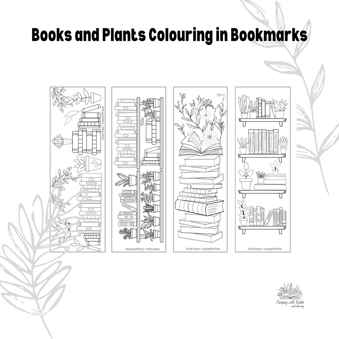 Books and Plants Colouring in Bookmarks - Printable PDF - Black and ...