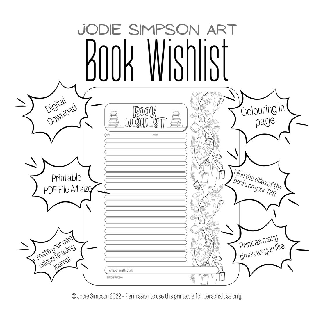 Book Wishlist Printable Colouring in Page for Your Reading Journal ...
