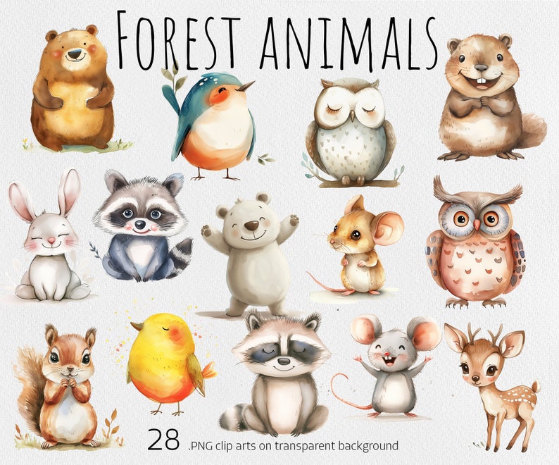 Watercolor Forest Animals Clip Art: Nursery PNG Images (digital ...