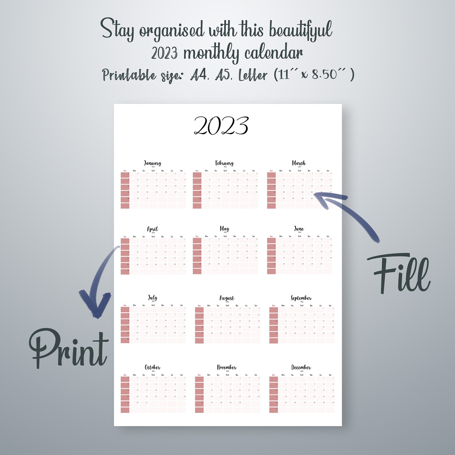 2023 Calendar Monthly Calendar Pink Calendar Printable - Etsy