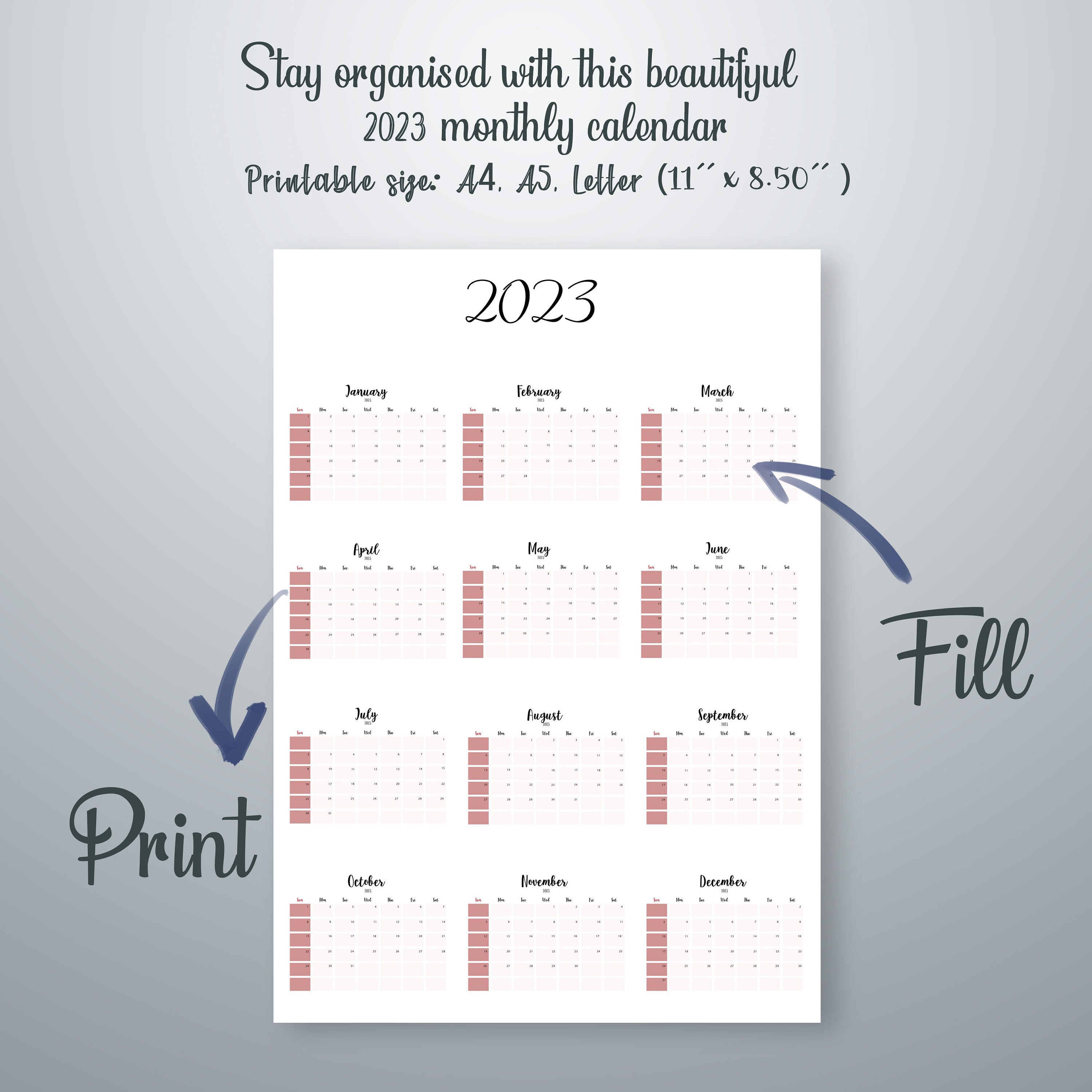 2023 Calendar Monthly Calendar Pink Calendar Printable - Etsy UK