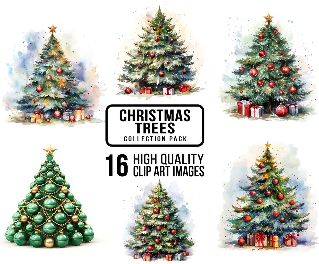 Watercolor Christmas Tree Clipart: Festive Illustrations (digital ...