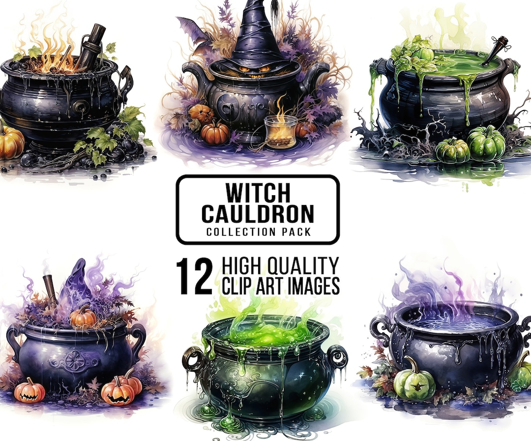 Witch's Cauldron Clipart for Commercial Use, Watercolor Halloween ...