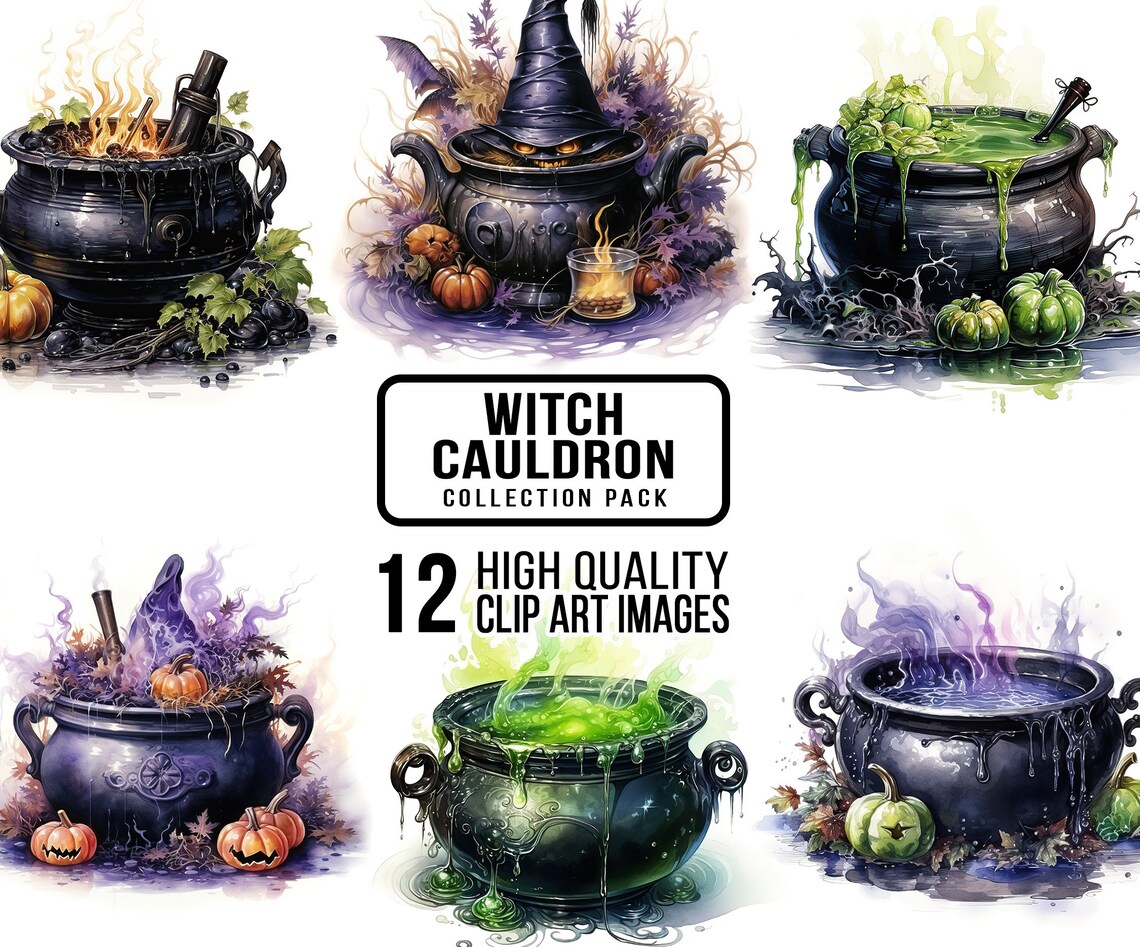 Witch's Cauldron Clipart for Commercial Use, Watercolor Halloween ...