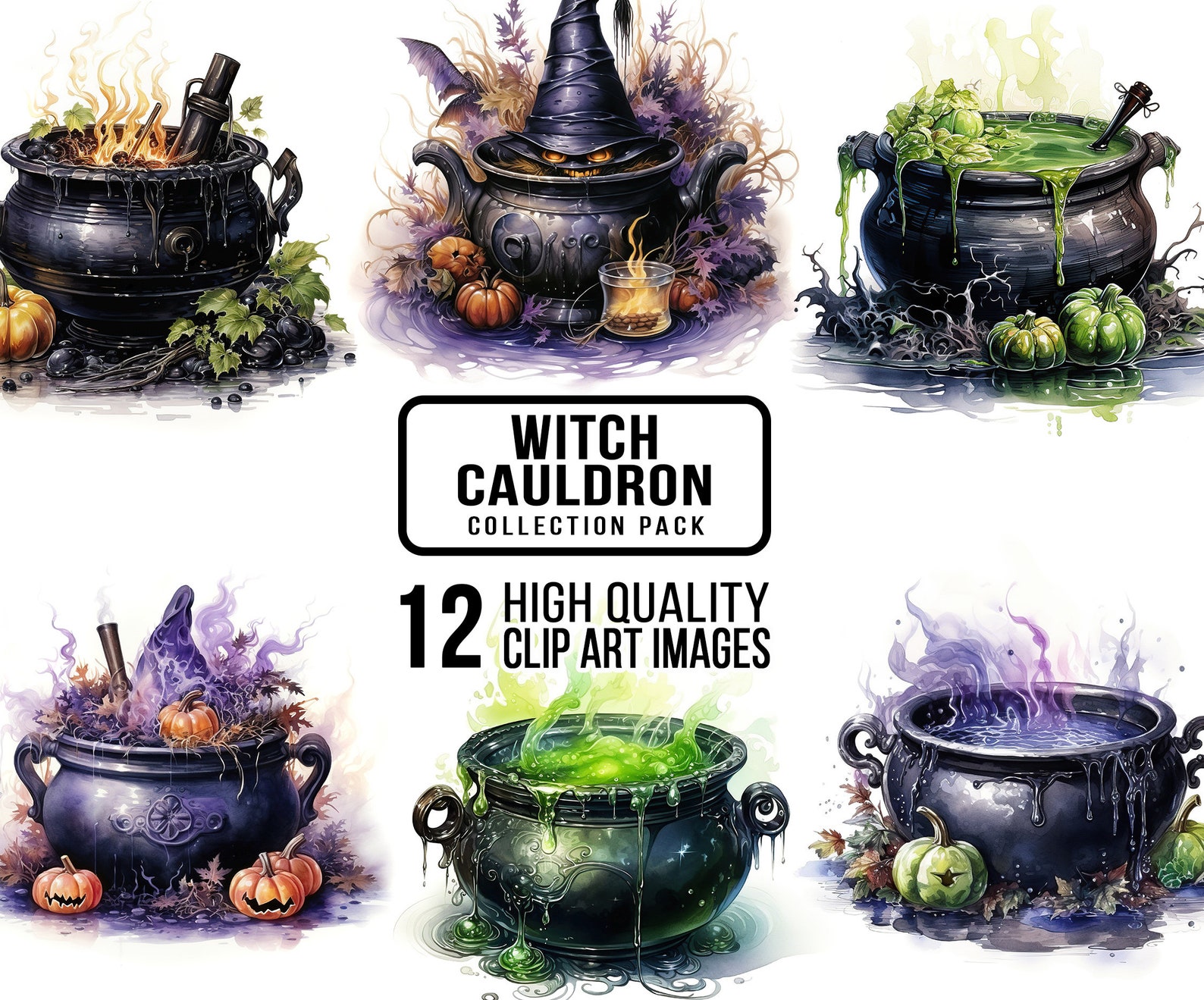 Witch's Cauldron Clipart for Commercial Use, Watercolor Halloween ...