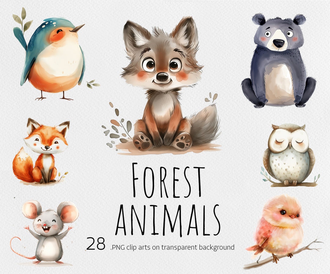 Watercolor Forest Animals Clip Art: Nursery PNG Images (digital ...