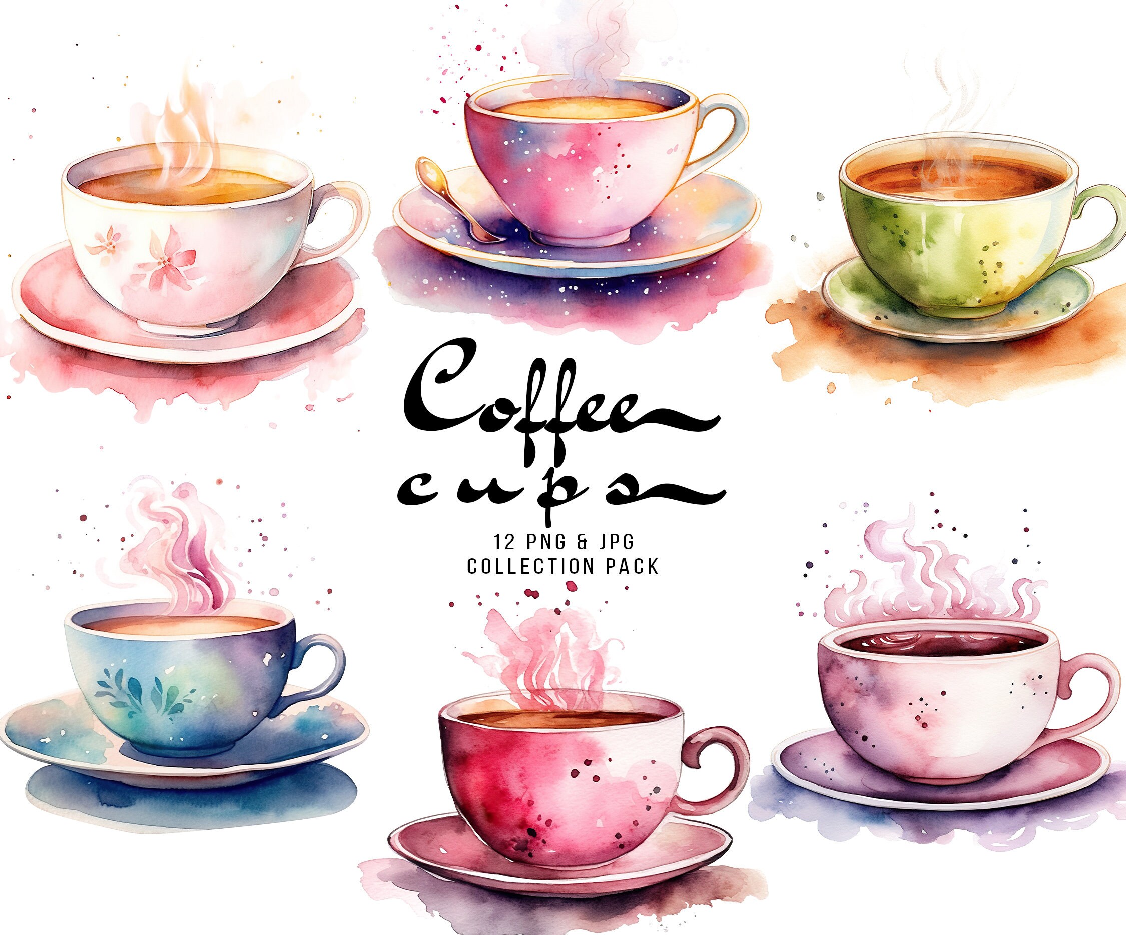 Coffee Cups PNG JPG Clipart, Watercolor Tea Cup Illustrations, Cozy ...