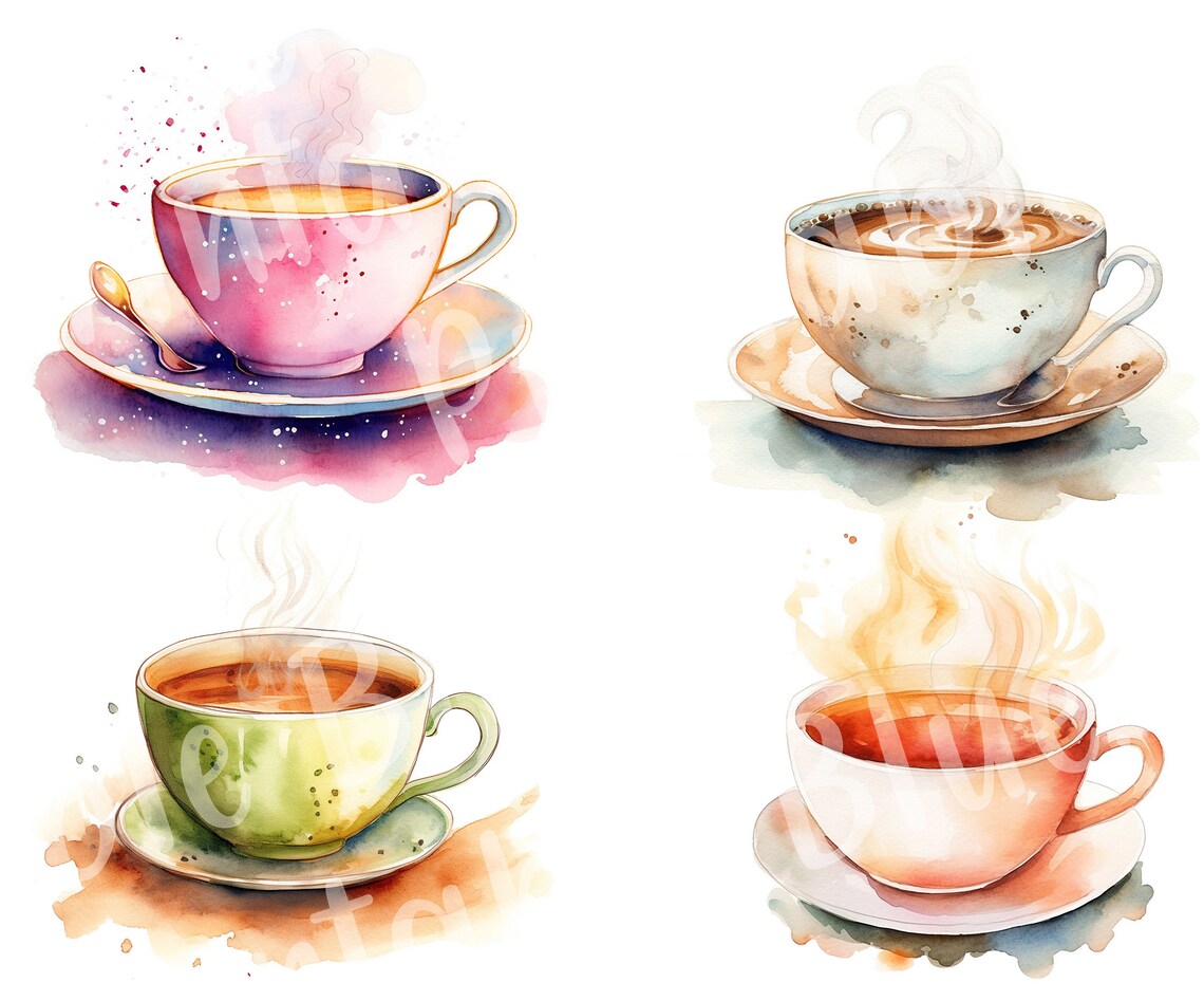 Coffee Cups PNG JPG Clipart Watercolor Tea Cup Illustrations - Etsy