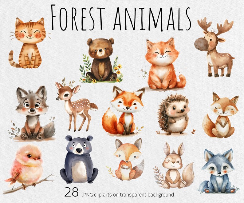 Watercolor Forest Animals Clip Art: Nursery PNG Images (digital ...