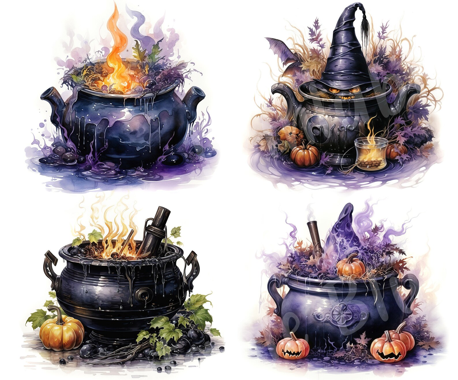 Witch's Cauldron Clipart for Commercial Use, Watercolor Halloween ...