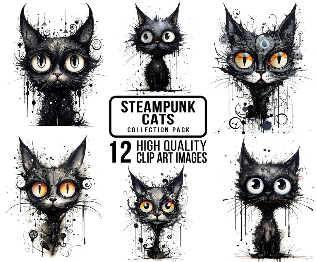 Steampunk Cat Clipart, Gothic Cat Illustration, Black Cat Clipart, Cat Art, Funny Cat Graphics ...