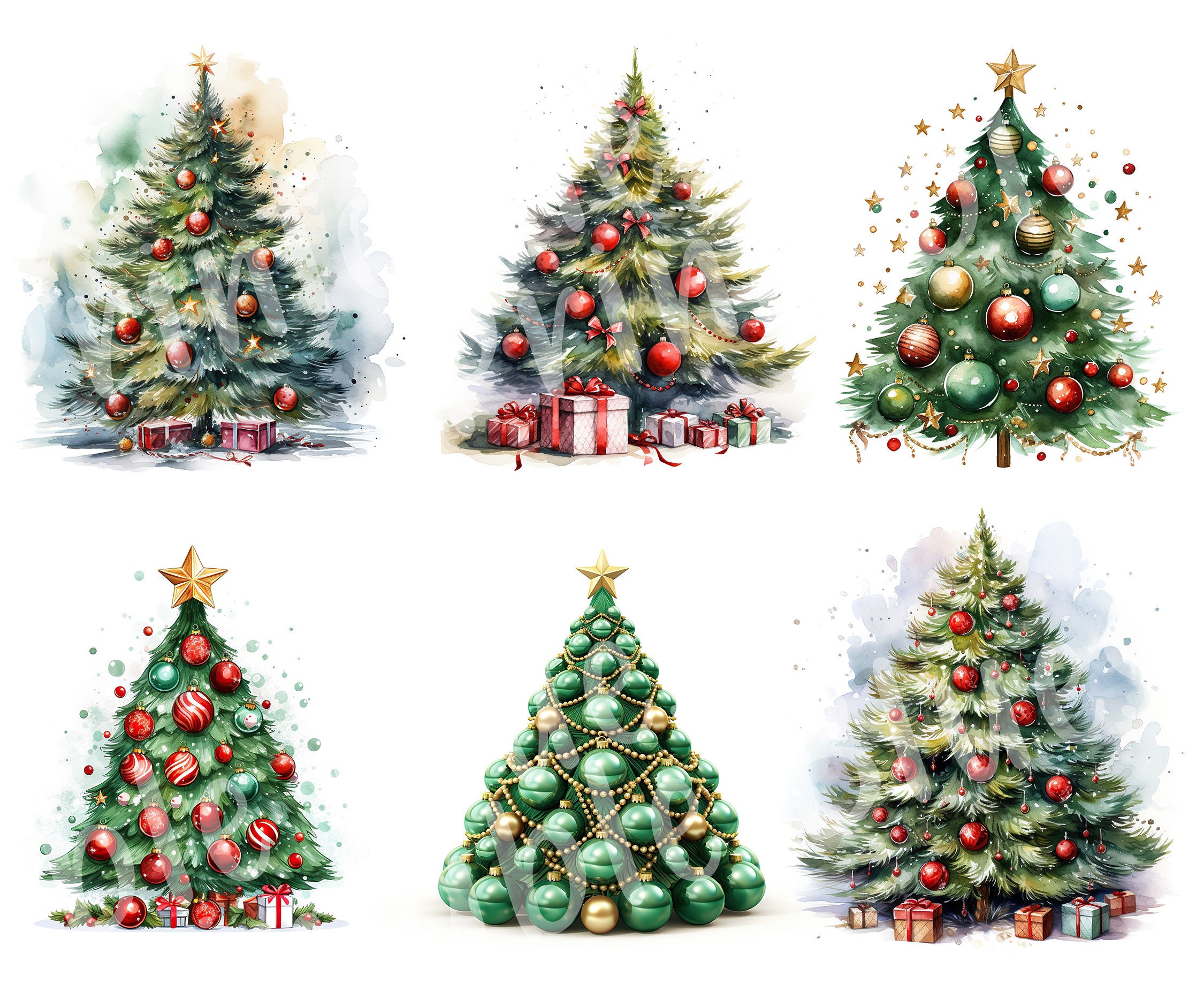 Watercolor Christmas Tree Clipart: Festive Illustrations (digital ...