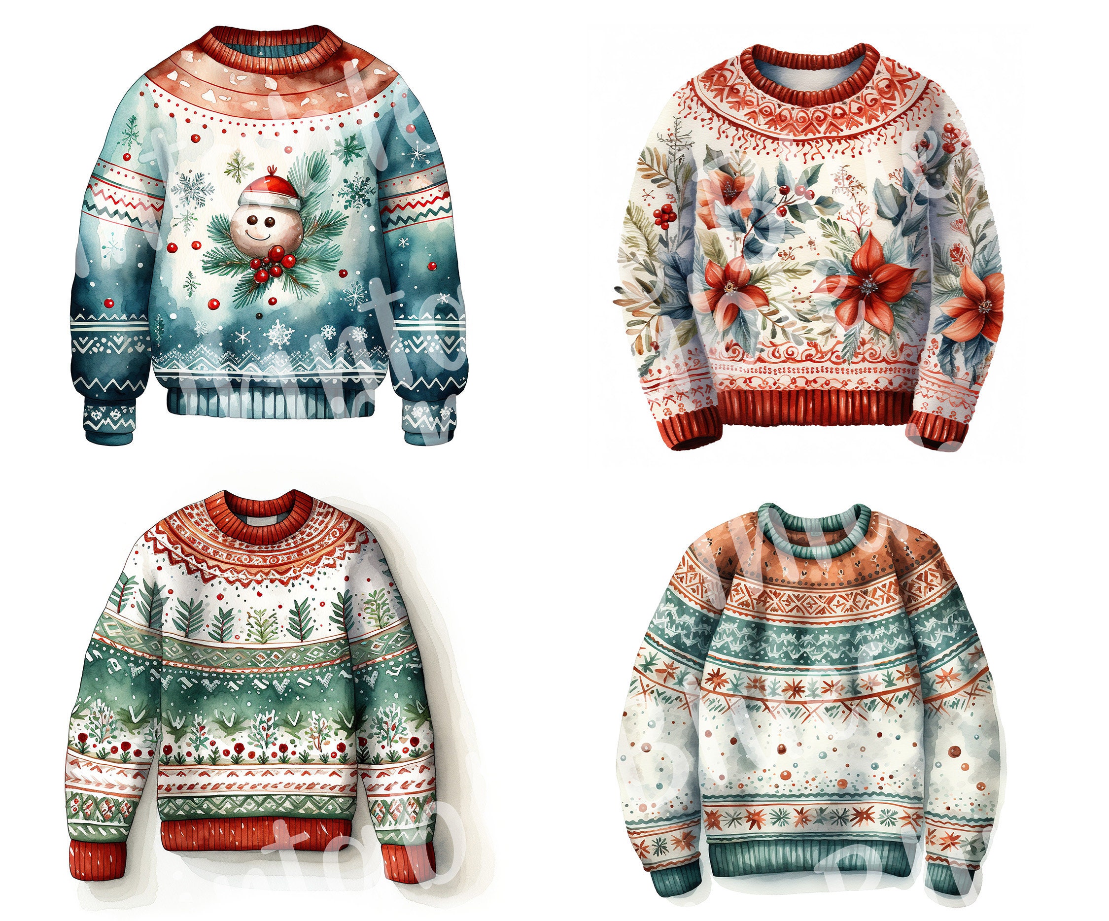 Christmas Ugly Sweater Clipart, Watercolor Holiday Sweater ...