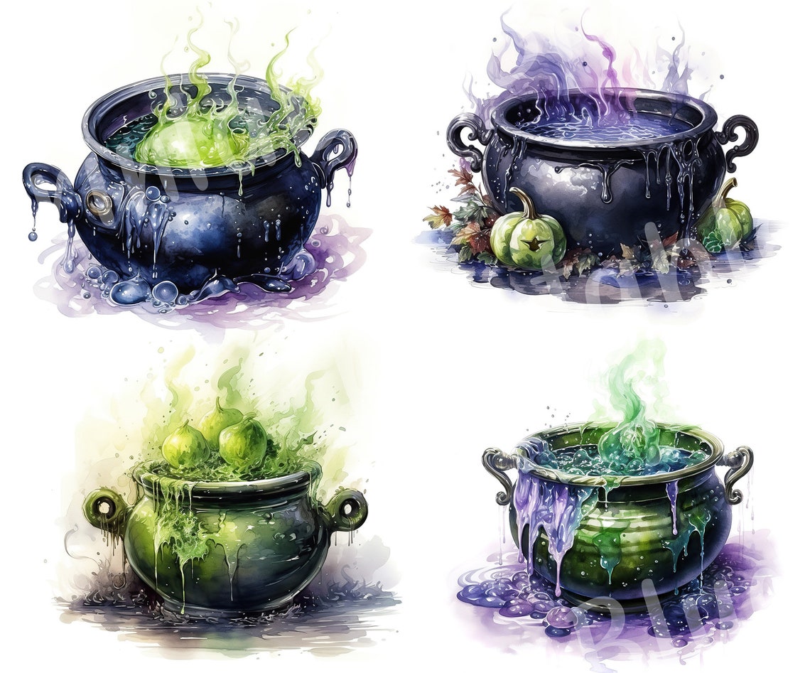 Witch's Cauldron Clipart for Commercial Use, Watercolor Halloween ...