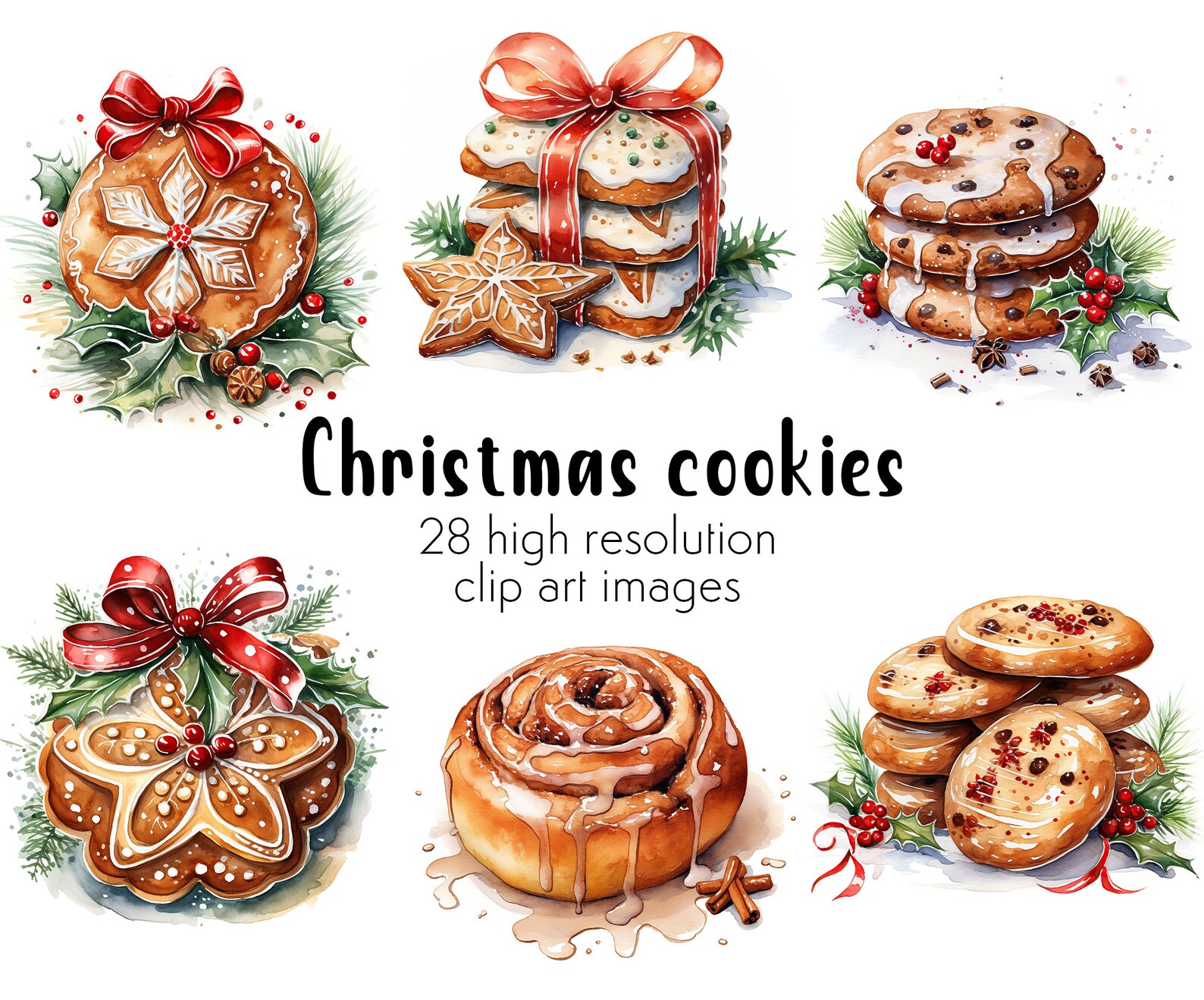 Christmas Cookies Clipart, Watercolor Holiday Illustrations, Festive ...