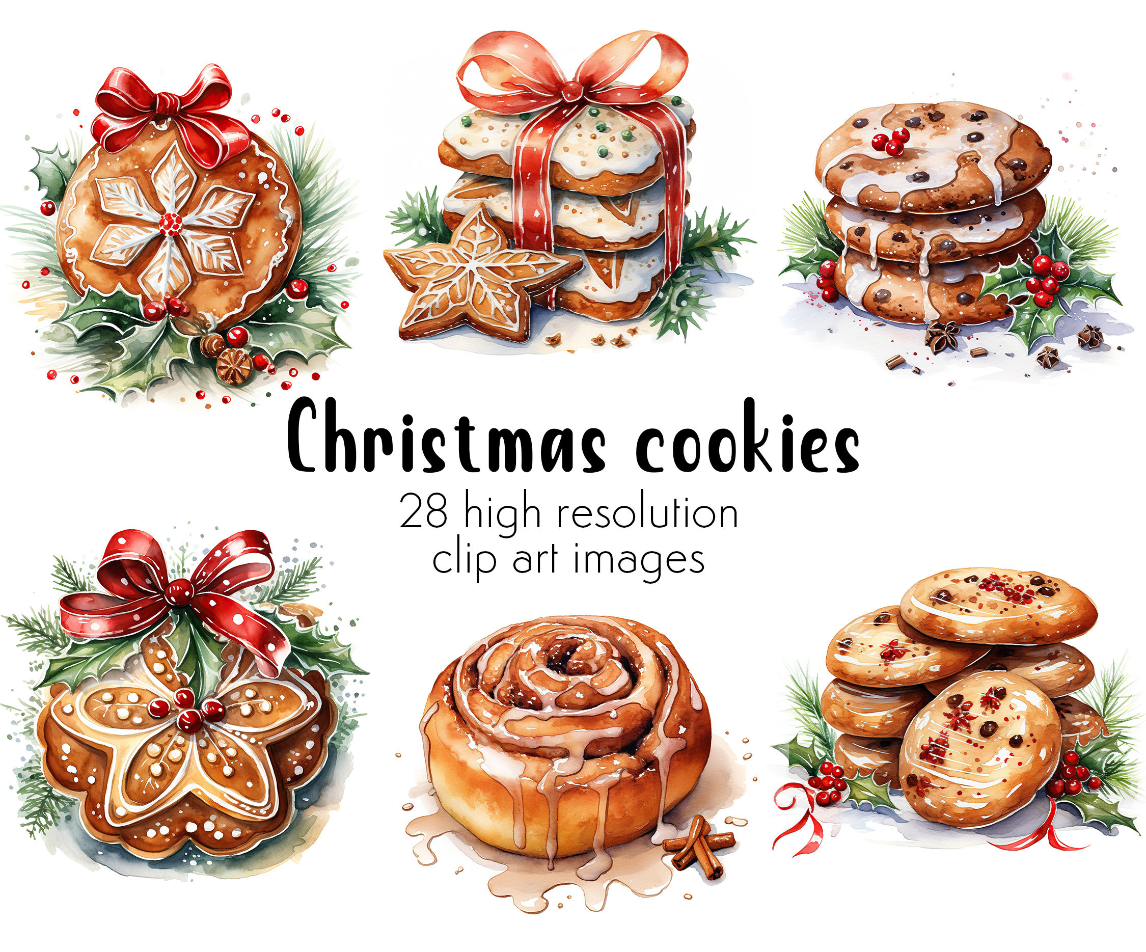 Christmas Cookies Clipart, Watercolor Holiday Illustrations, Festive ...