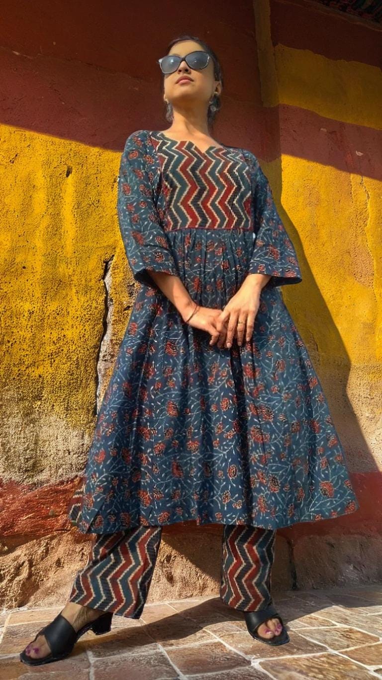 NAZRET -smart Fit, Ajrakh Hand Block Printed Cotton Flared Kurta With ...