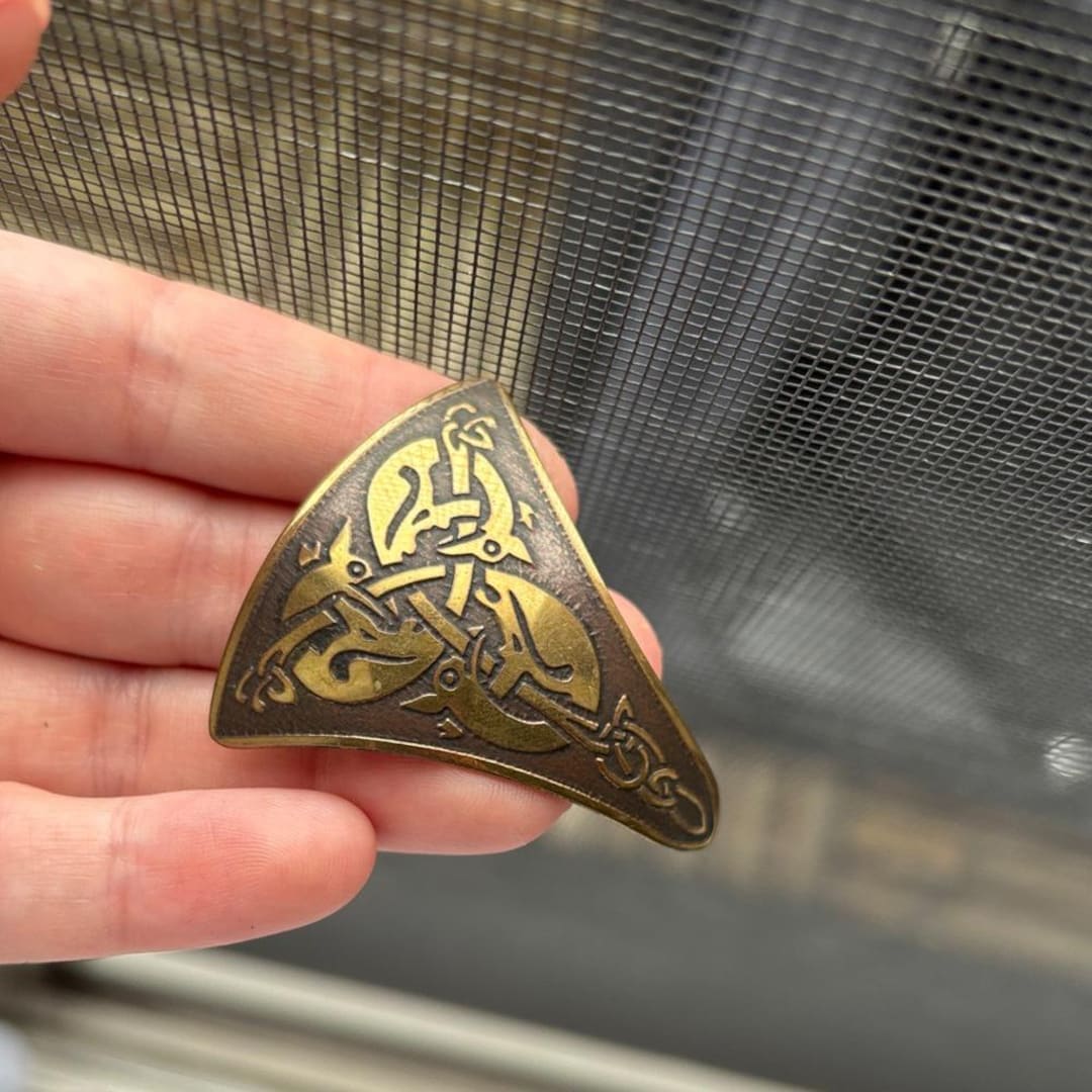 Triangular Celtic Knotwork Brooch With Stylized Animal Motifs in Brass ...