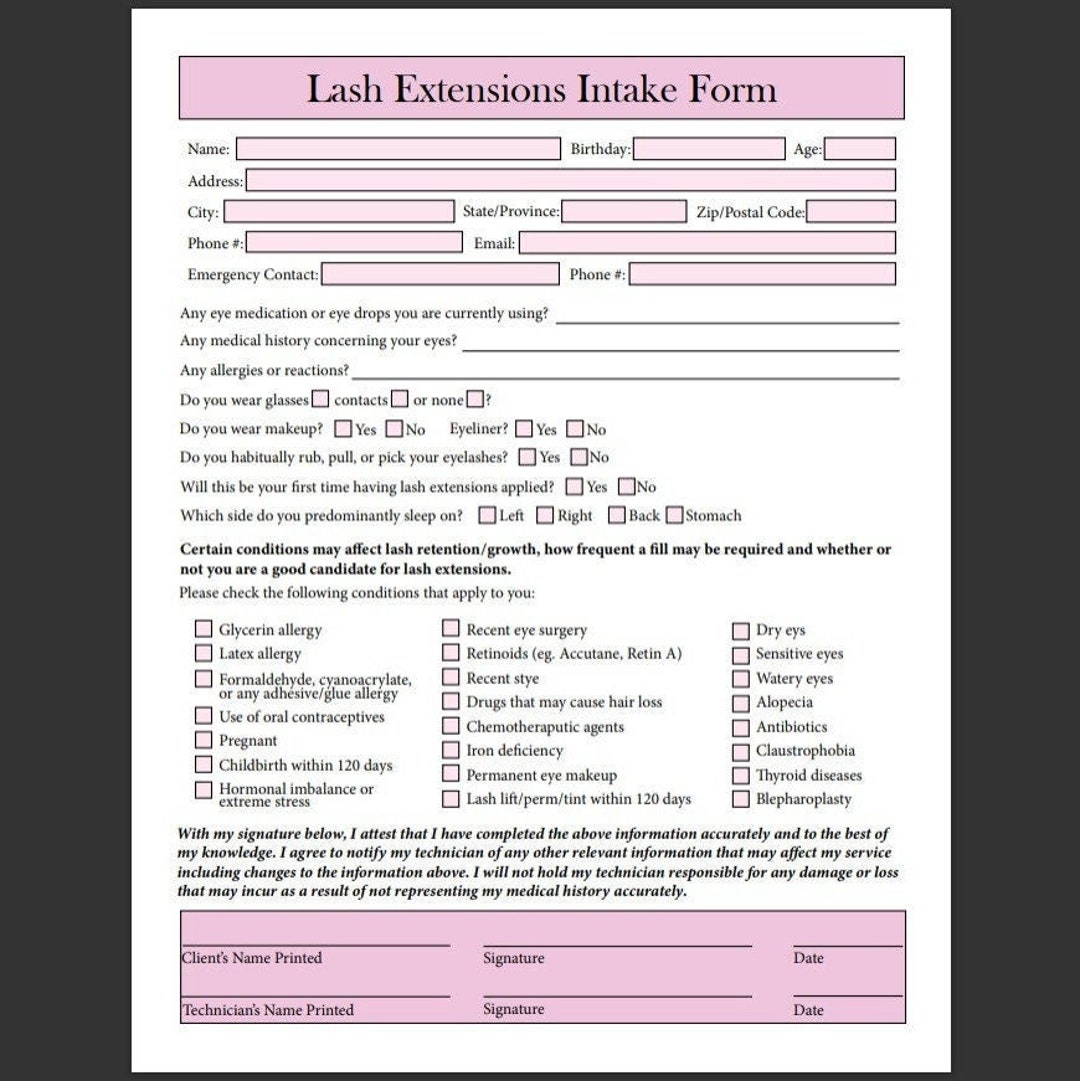 Lash Intake Form fillable and Printable - Etsy