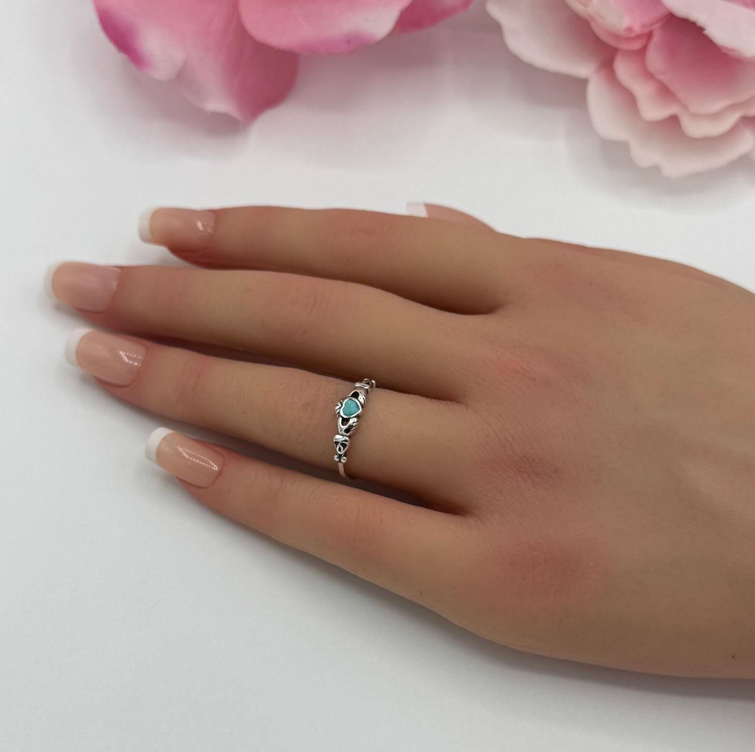 Sterling Silver Claddagh Ring: Turquoise Lab Opal, Celtic Trinity Band ...