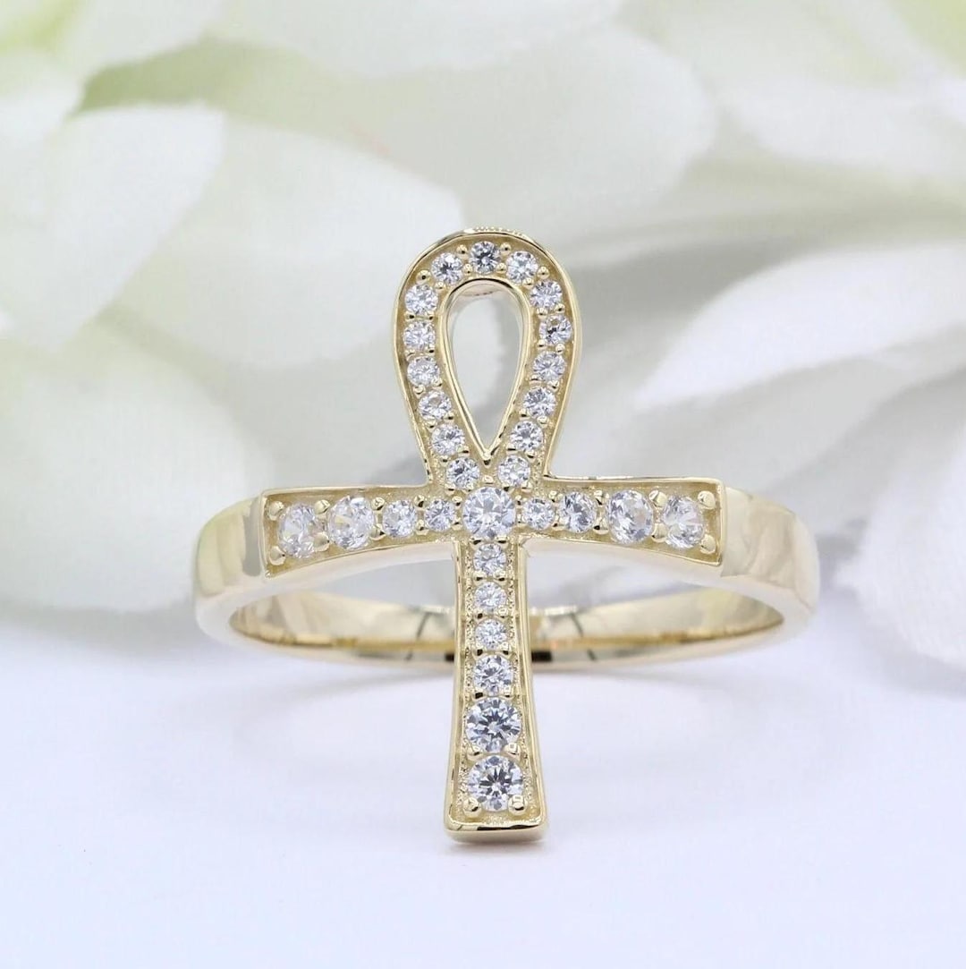 14K Yellow Gold Cross Ankh Eternity Round Bridal Band Women Wedding ...