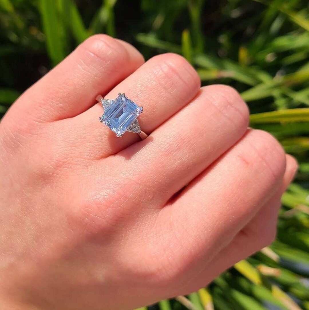 Art Deco Emerald Cut 3.79CT Bridal Silver Band Ring Simulated Diamond Emerald Shape Wedding ...