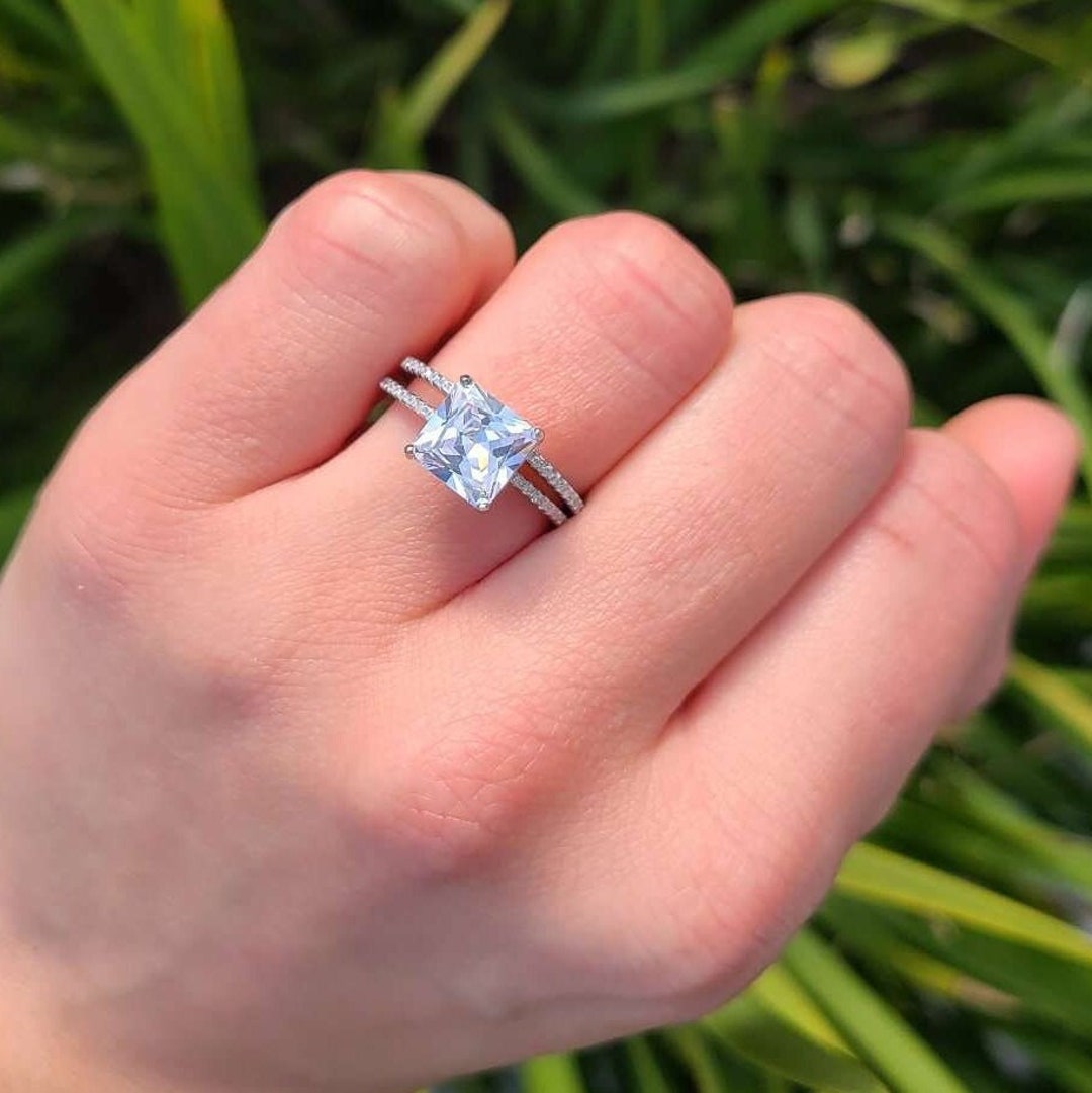 Princess Cut 3 Piece Bridal Ring Women Silver Ring Simulated CZ Cushion ...