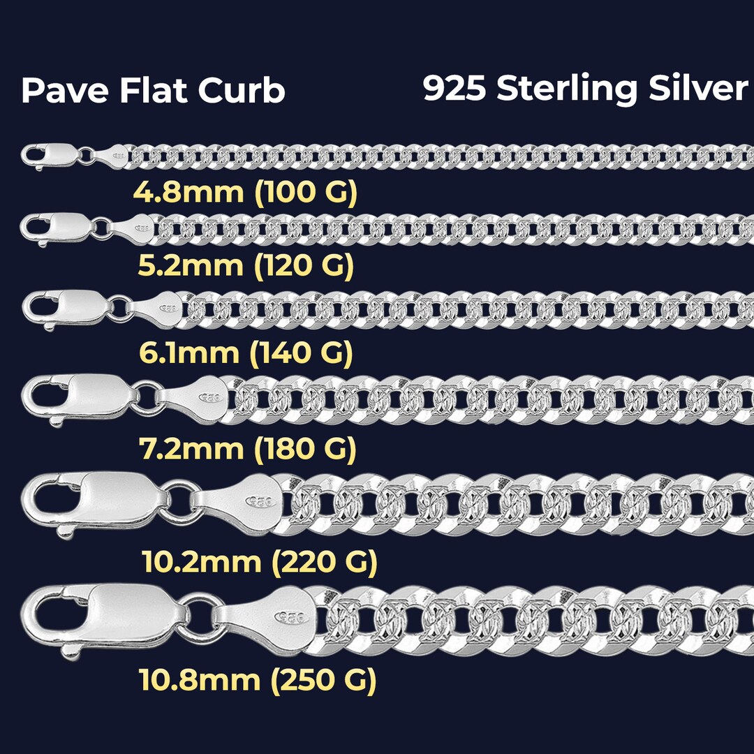 925 Sterling Silver Pave Flat Curb Chain, Silver Italian Chain ...
