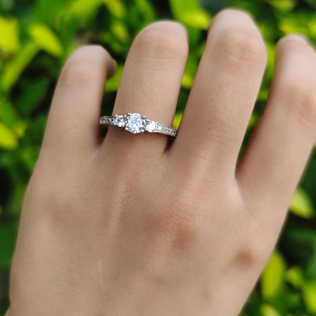 Three Stone Round Ring Silver 0.46CT Band Ring Simulated Diamond Round ...