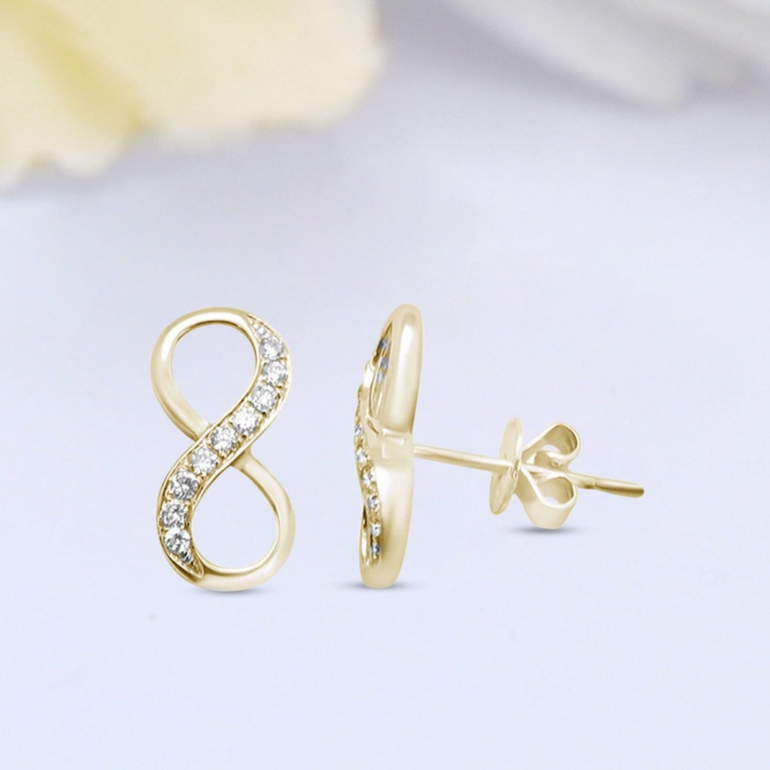 Infinity Stud Earring Solid 14k Gold 0.18TCW Pave Round Natural ...