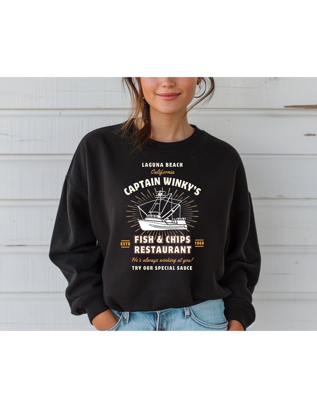 Seaside Laughs: Quirky Captain Winky's Fish and Chips Crewneck ...