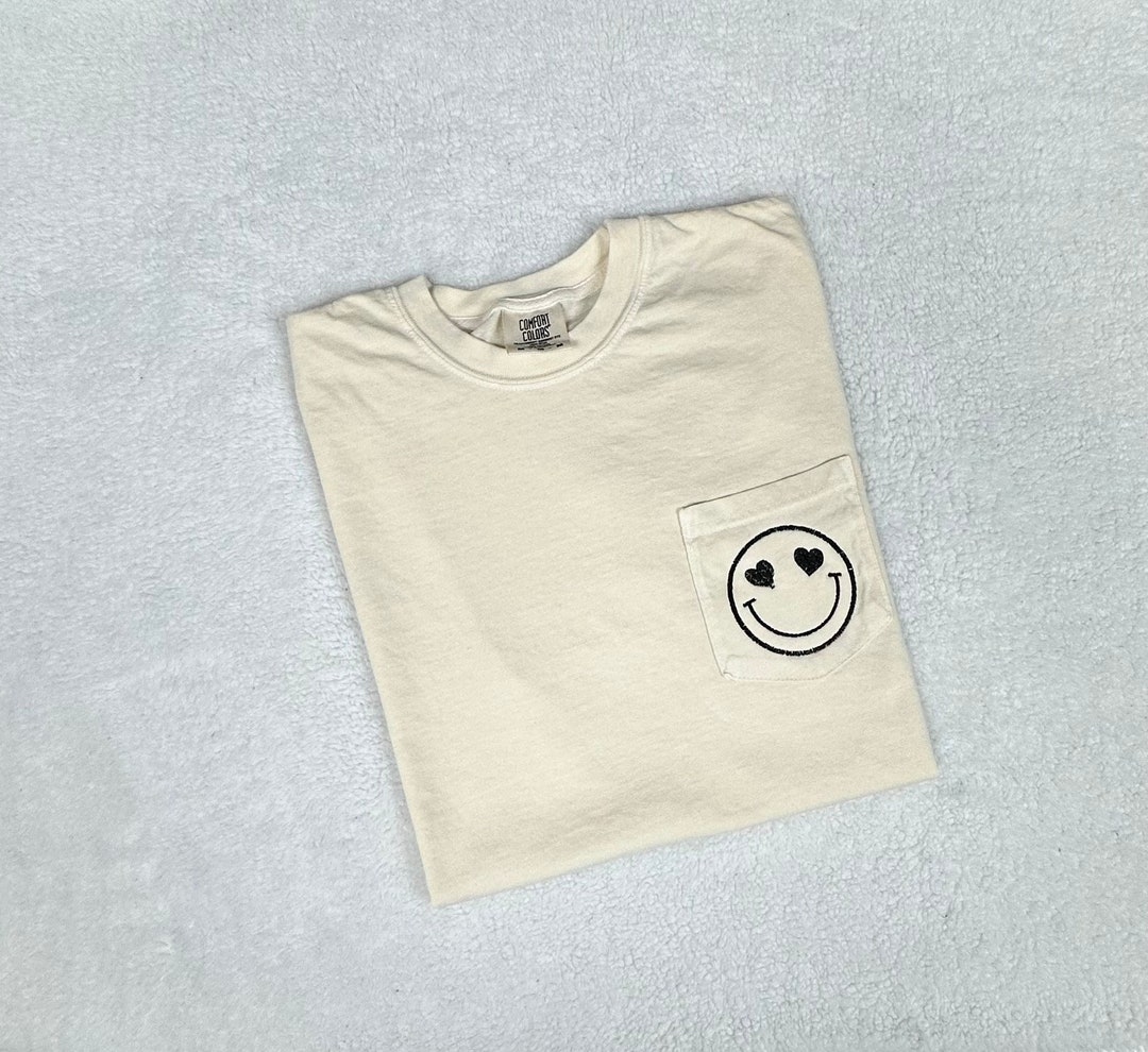 Comfort Colors Embroidered Smiley Face Pocket Tee, Heart Eyed Smile Tee ...