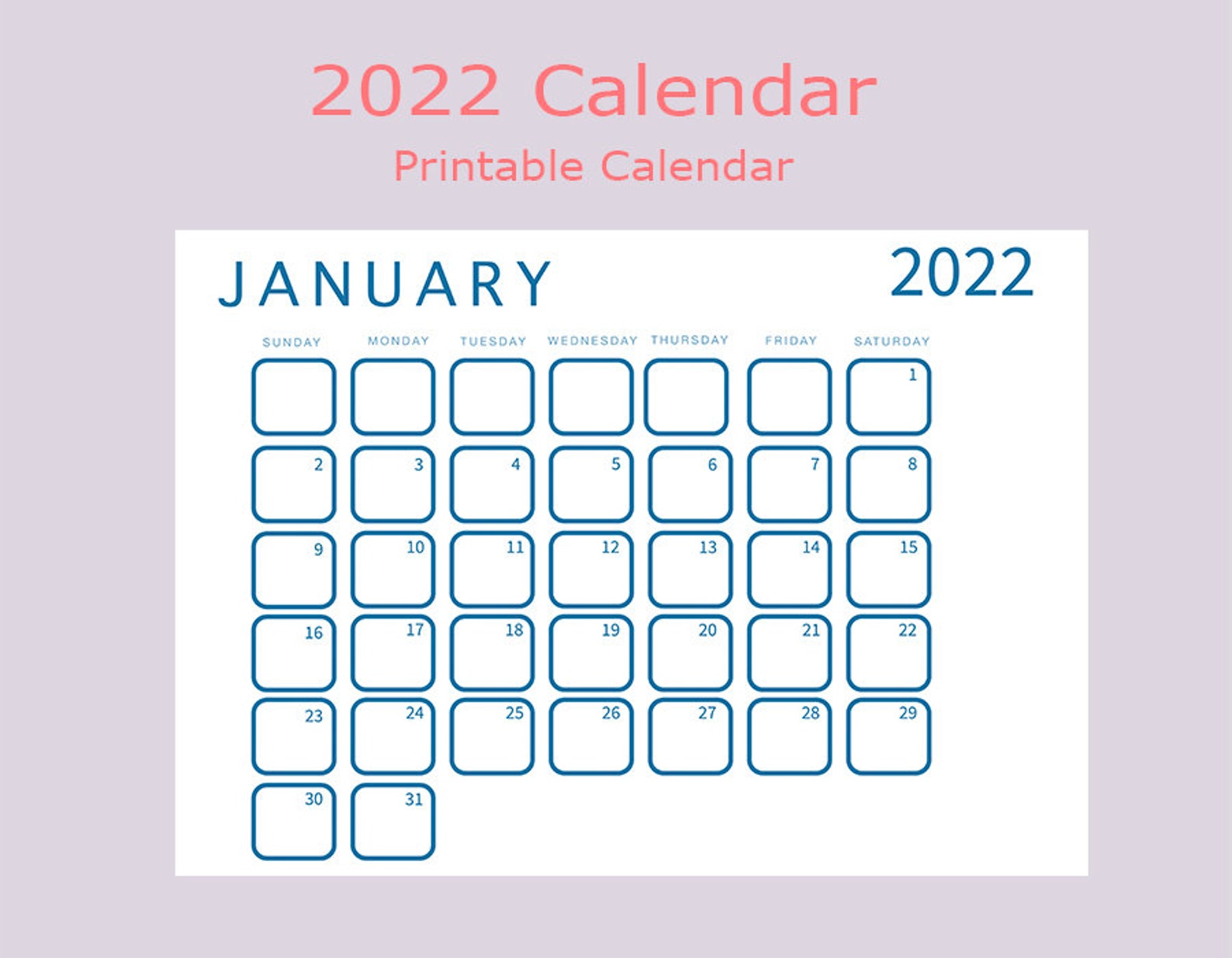 2022 Blue Printable Calendar | A4 Calendar | Year Calendar - Etsy