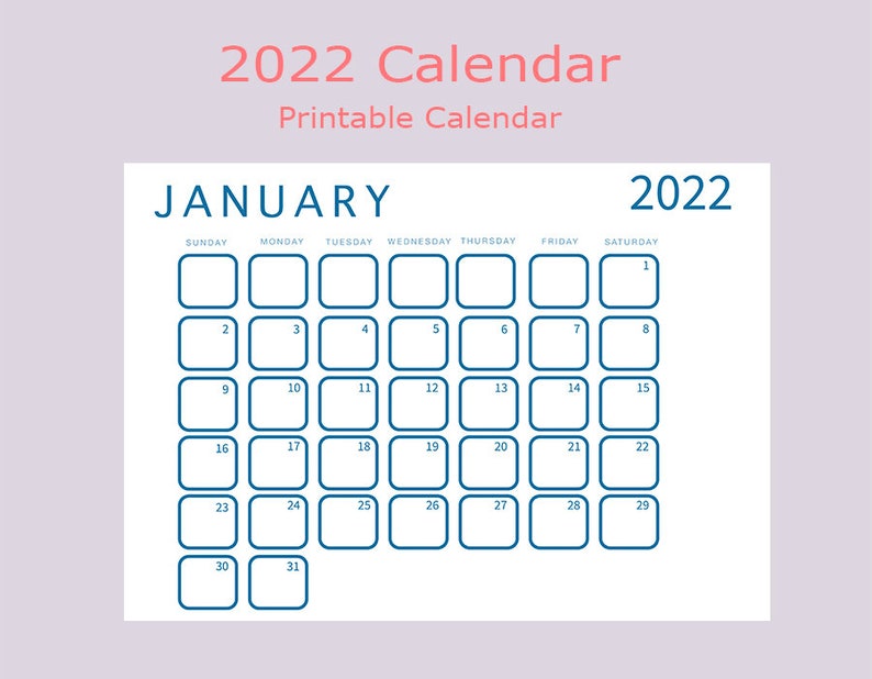 2022 Blue Printable Calendar | A4 Calendar | Year Calendar - Etsy