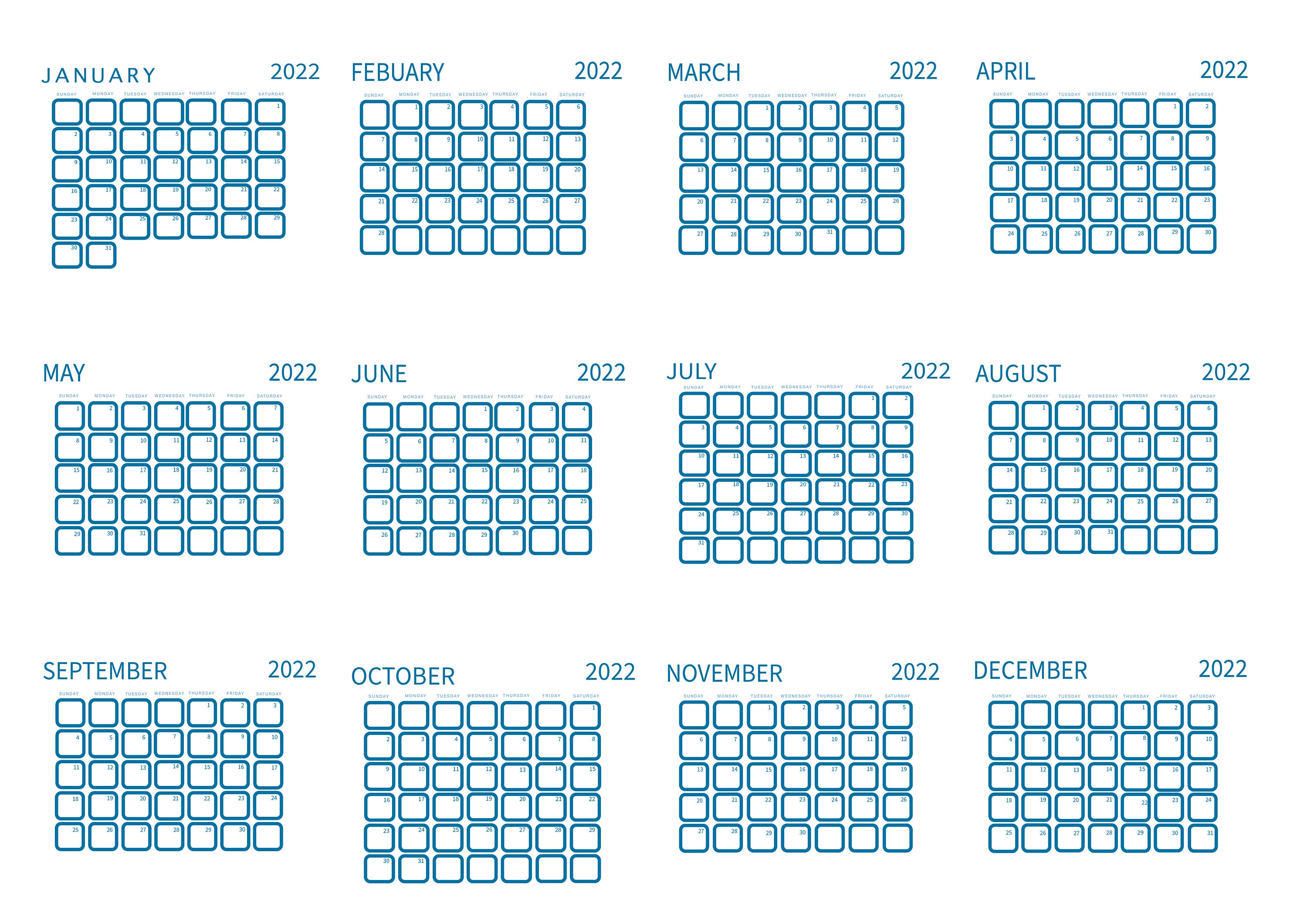 2022 Blue Printable Calendar | A4 Calendar | Year Calendar - Etsy