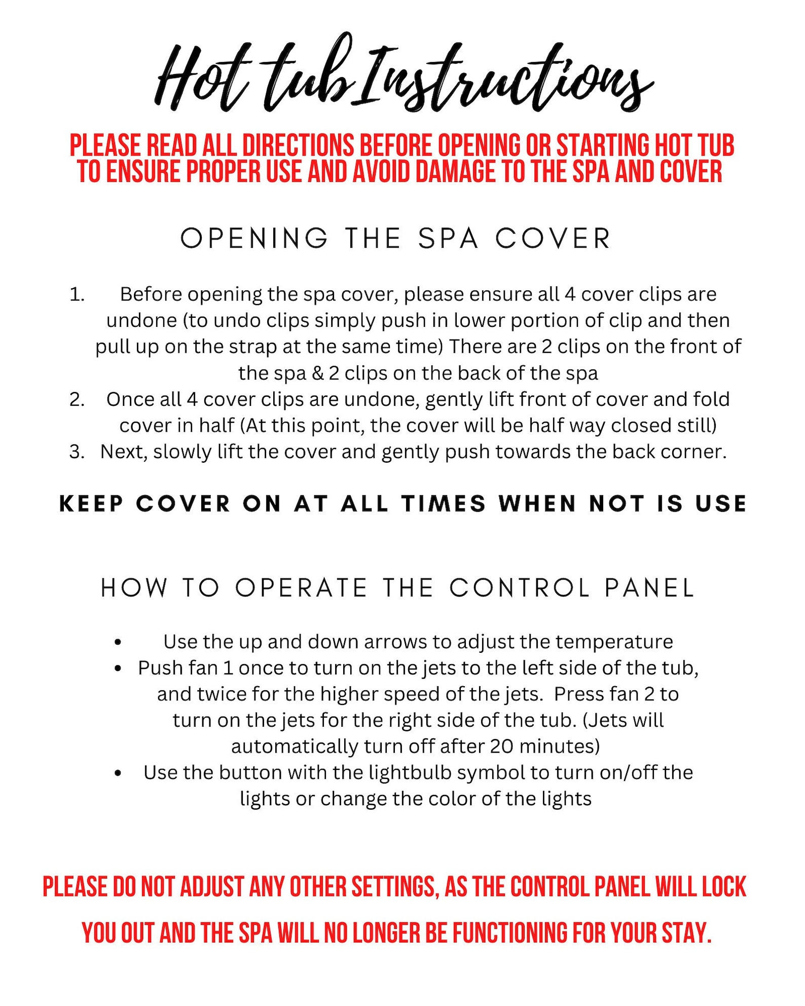 Hot Tub Instructions (editable Template) - Etsy