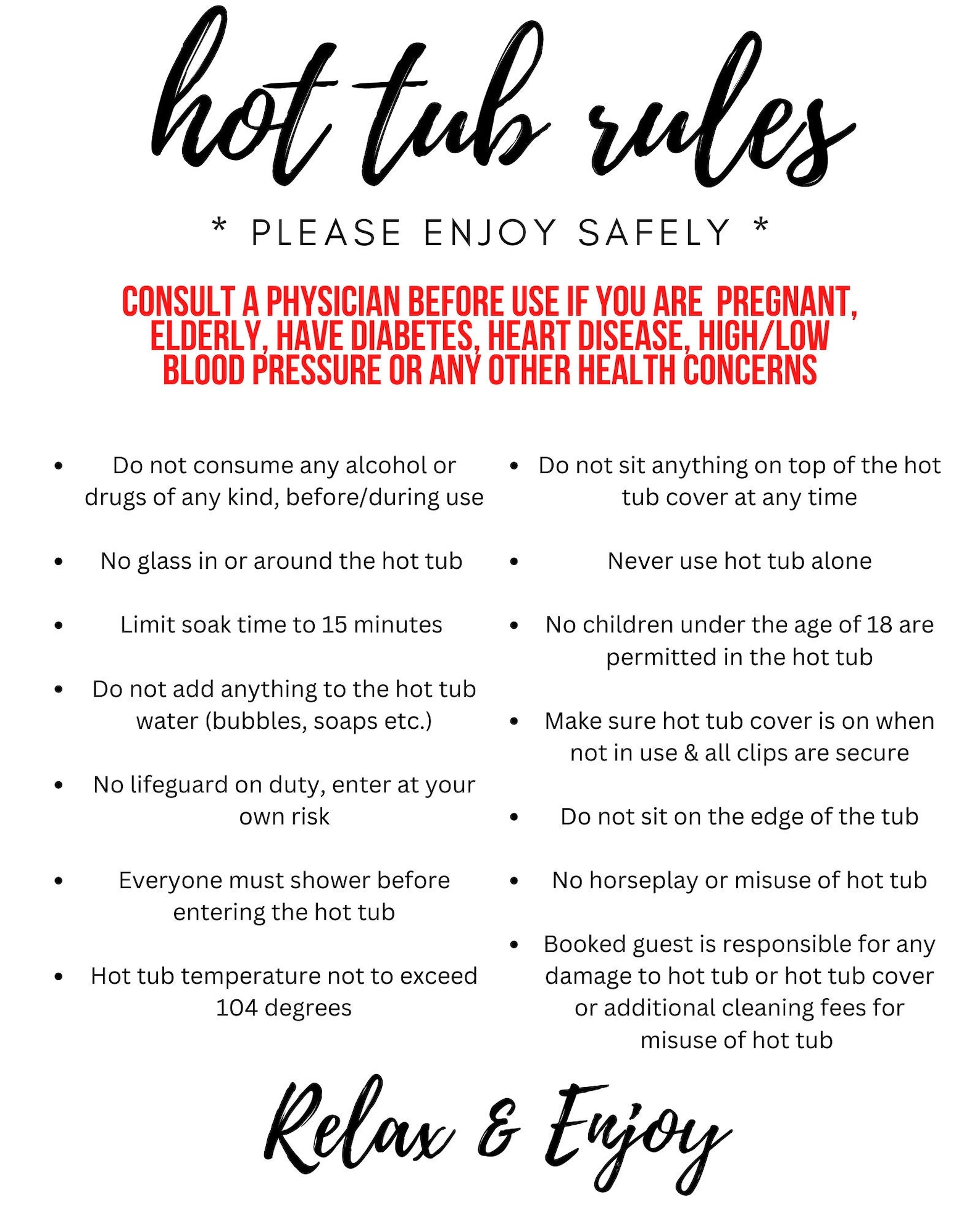 Hot Tub Rules Template - Etsy