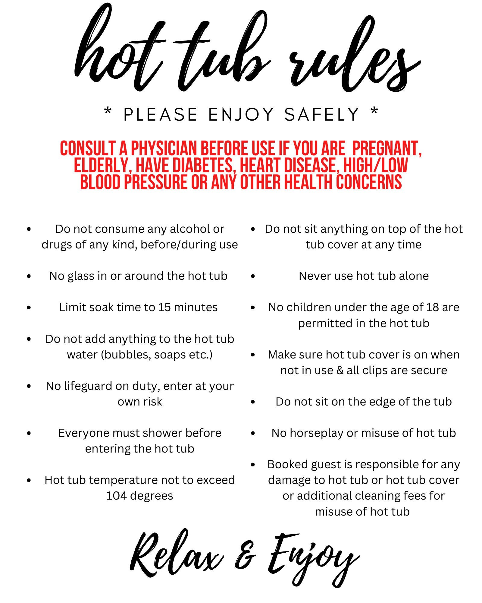 Hot Tub Rules Template - Etsy