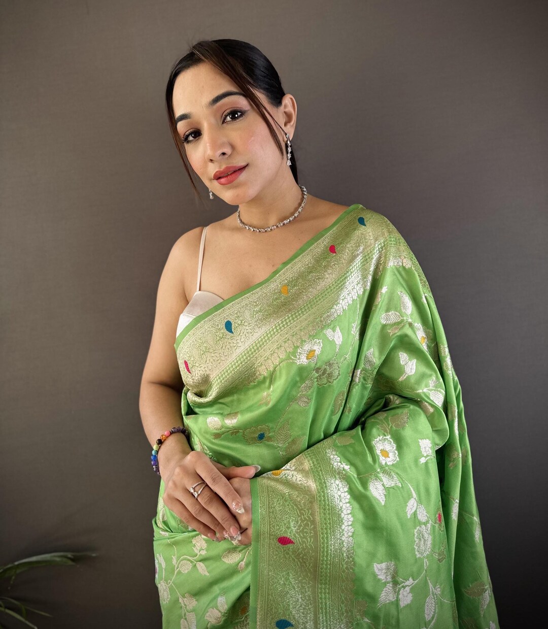 Soft Banarasi Silk Parrot Green Saree With Meenakari Weaving Design ...