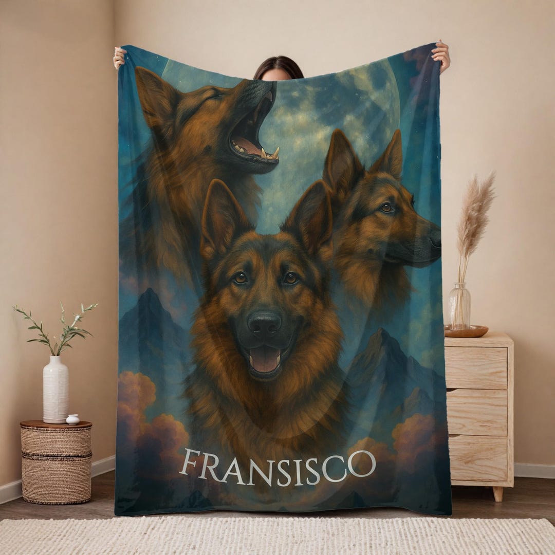 Brown German Shepherd Moon Blanket, Fantasy Dog Throw, Celestial Pet ...