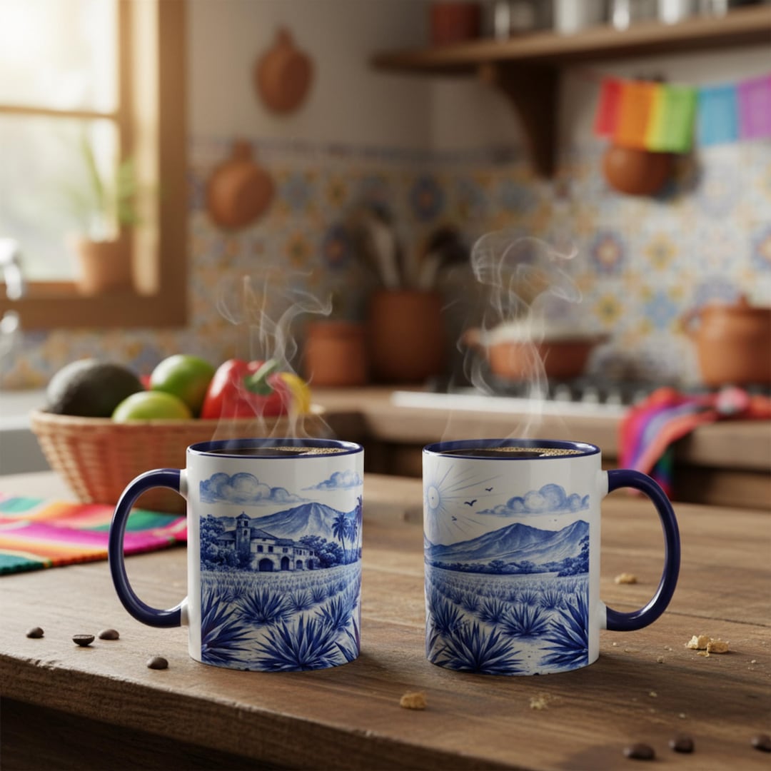Talavera-inspired Agave Mug, Mexican Blue White Coffee Cup, Agave Field ...