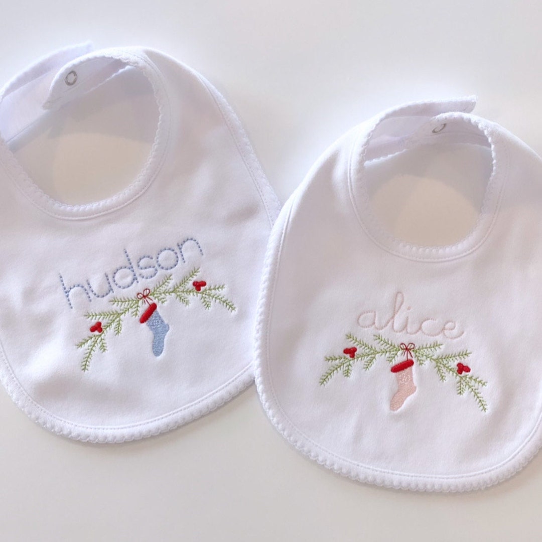 Christmas Picot Trimmed Bib, Stocking Themed Baby Bib and Burp Cloth ...
