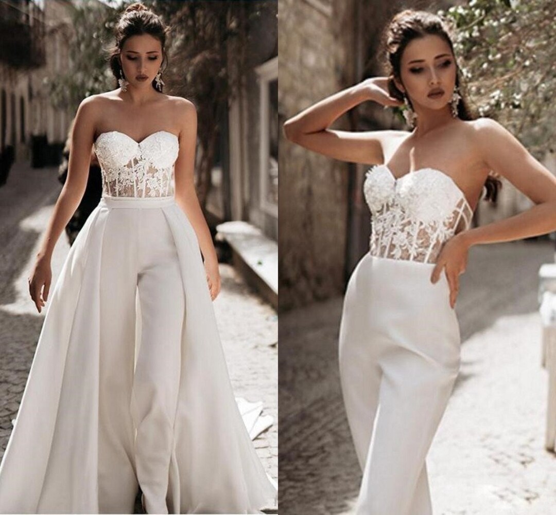 Wedding Jumpsuit With Detachable Train,rehearsal Dinner Dress,bridal ...
