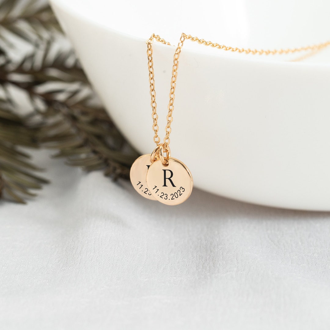 Initial and Date Necklace,double Initial Disc Necklace,multi Initial ...