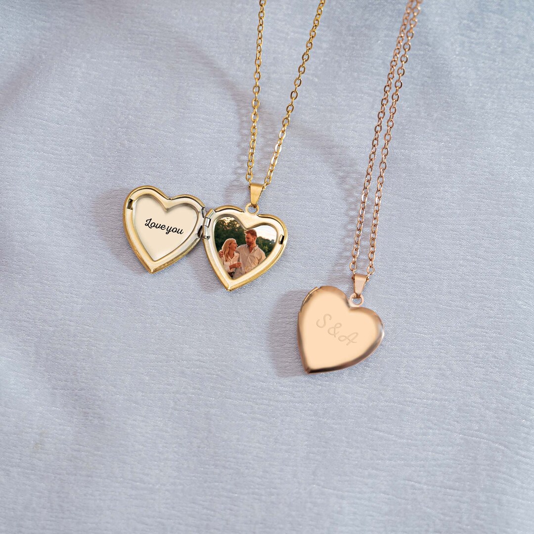 Engraved Heart Locket Necklace,personalised Photo Heart Pendant,custom ...