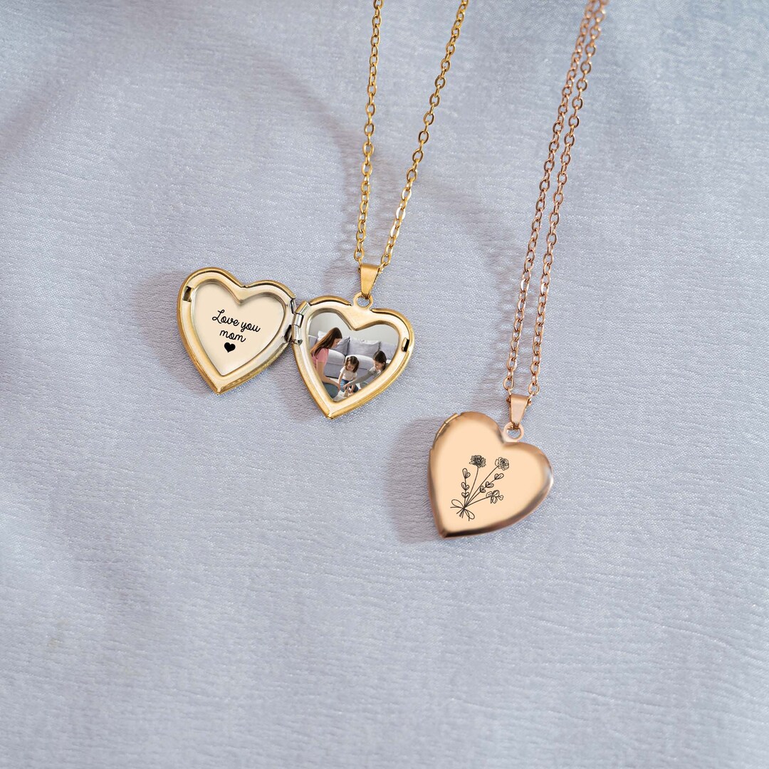 Bouquet Birth Flower Locket Necklace,engraved Name Photo Necklace,heart ...
