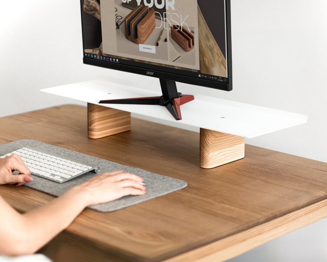 Metal Desk Shelf Monitor Stand With Wooden Legs, Desk Monitor Riser ...