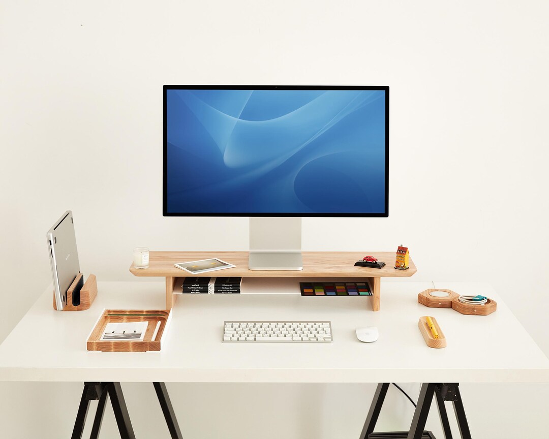 Wood Desk Monitor Stand With Storage Custom Monitor Riser Shelf - Etsy