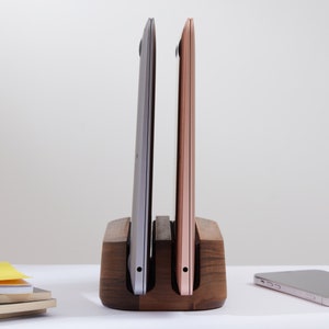 Wood Vertical Laptop Stand for Desk Setup, Dual Laptop Holder for Desk ...